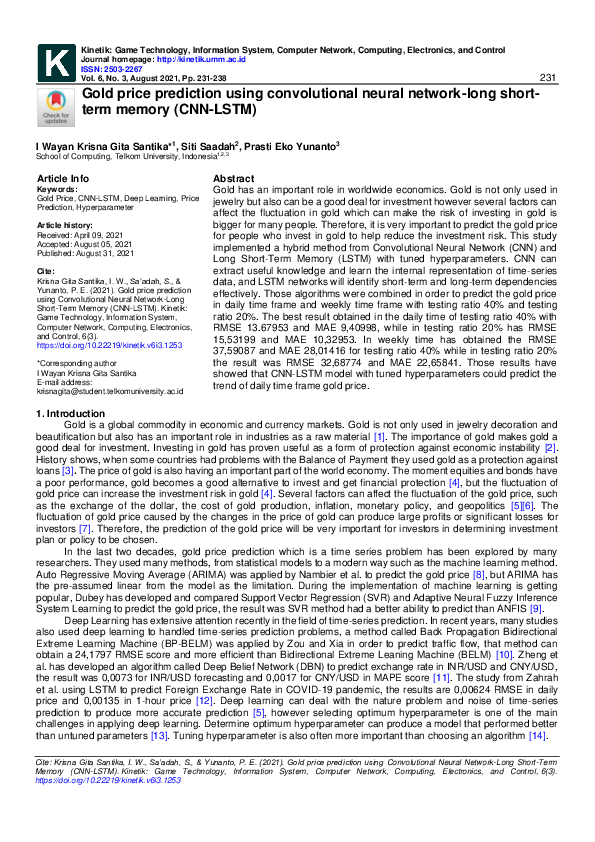 Pdf Gold Price Prediction Using Convolutional Neural Network Long