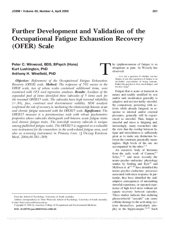 (PDF) Further Development and Validation of the Occupational Fatigue ...
