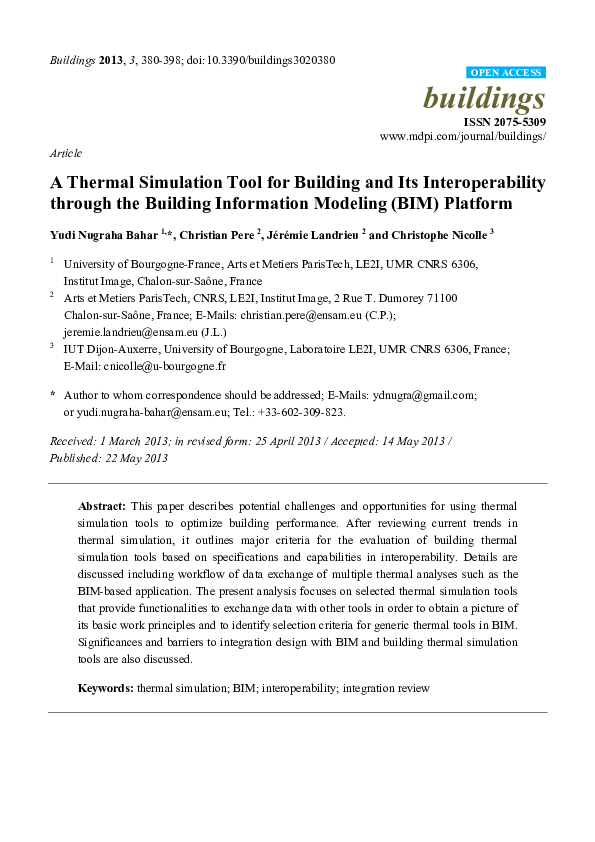 (PDF) A Thermal Simulation Tool for Building and Its Interoperability through the Building ...