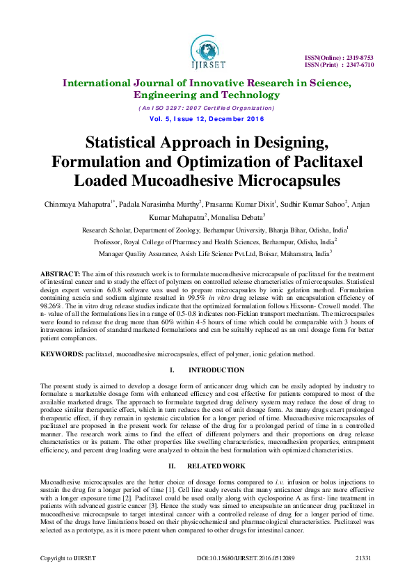 (PDF) Statistical Approach in Designing, Formulation and Optimization of Paclitaxel Loaded ...