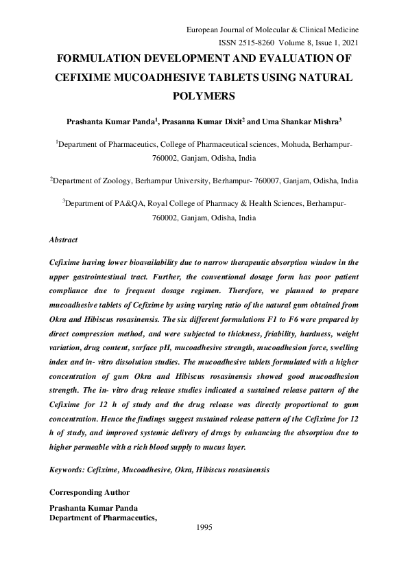 Pdf Formulation Development And Evaluation Of Cefixime Mucoadhesive Tablets Using Natural Polymers