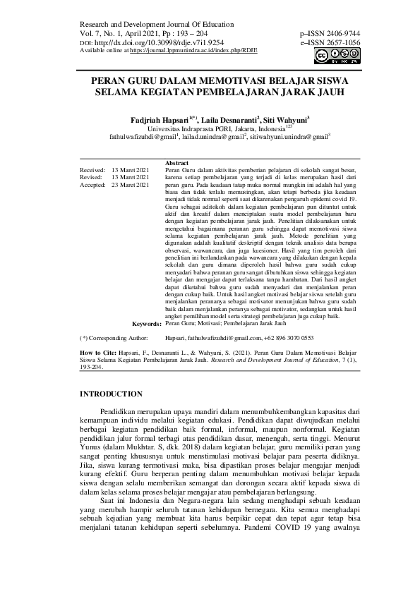 (PDF) Peran Guru dalam Memotivasi Belajar Siswa selama Kegiatan Pembelajaran Jarak Jauh