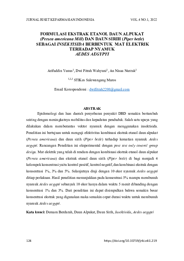 (PDF) FORMULASI EKSTRAK ETANOL DAUN ALPUKAT (Persea americana Mill) DAN DAUN SIRIH (Piper betle ...