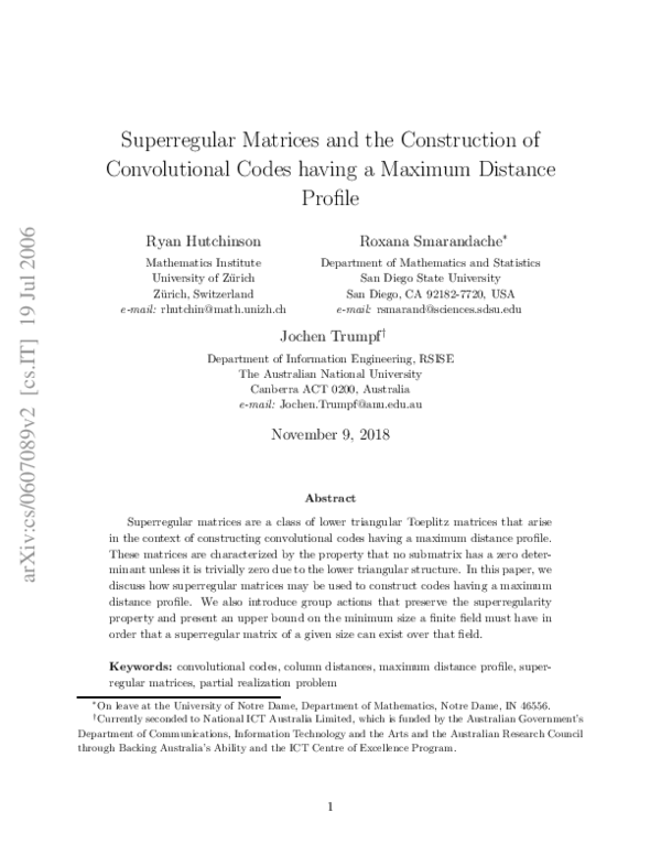 (PDF) Superregular Matrices and the Construction of Convolutional Codes having a Maximum ...