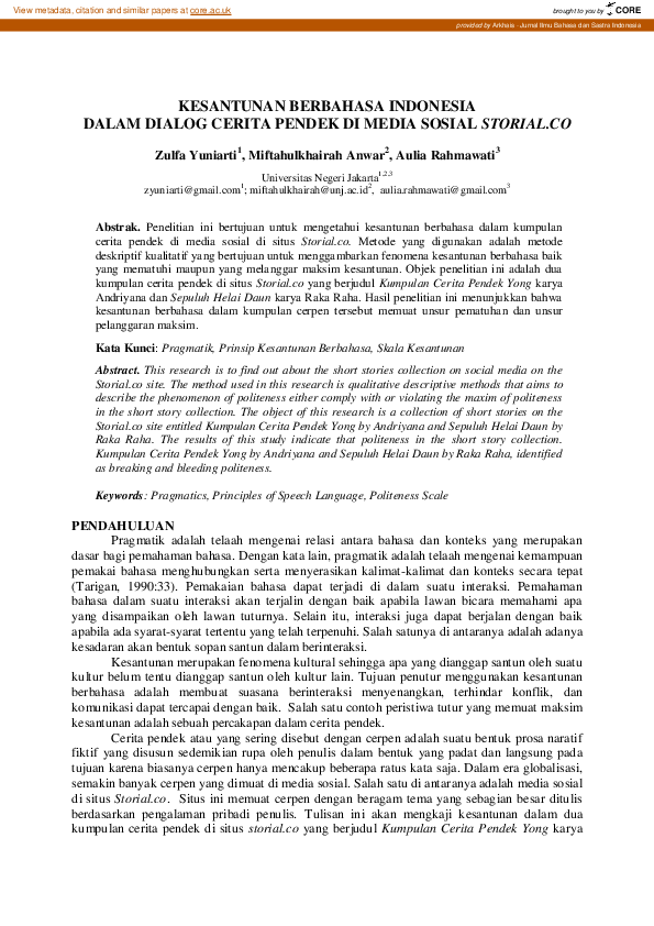 (PDF) Kesantunan Berbahasa Indonesia Dalam Dialog Cerita Pendek DI ...