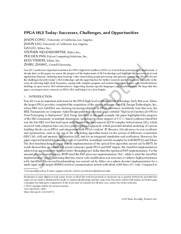 Pdf Fpga Hls Today Successes Challenges And Opportunities