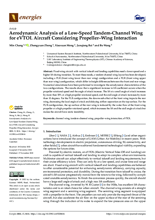 (PDF) Aerodynamic Analysis of a Low-Speed Tandem-Channel Wing for eVTOL ...