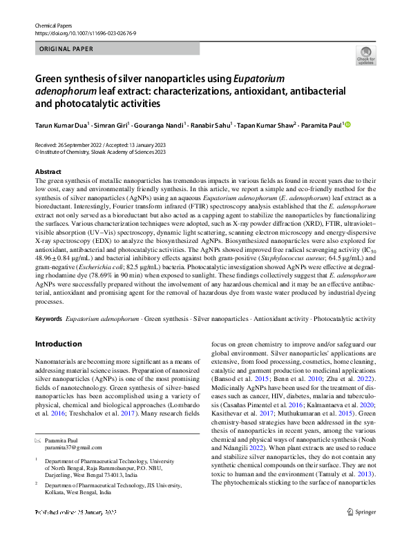 (PDF) Green synthesis of silver nanoparticles using Eupatorium adenophorum leaf extract ...