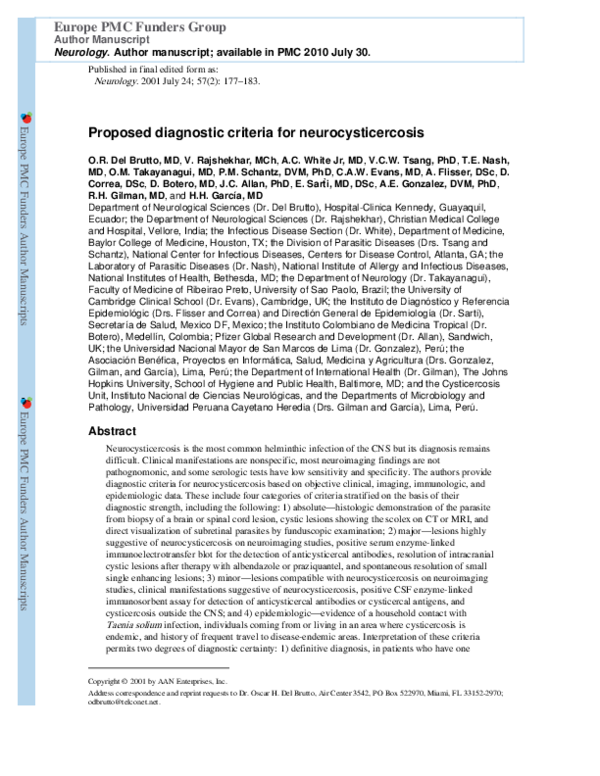 (PDF) Proposed diagnostic criteria for neurocysticercosis | Elsa Sarti - Academia.edu