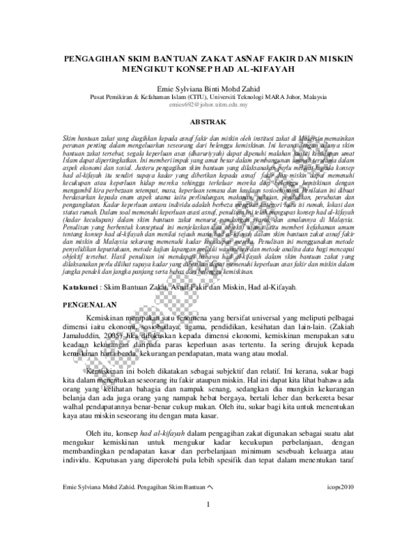 (PDF) Pengagihan skim bantuan zakat asnaf fakir dan miskin mengikut konsep had Al-Kifayah / Emie ...