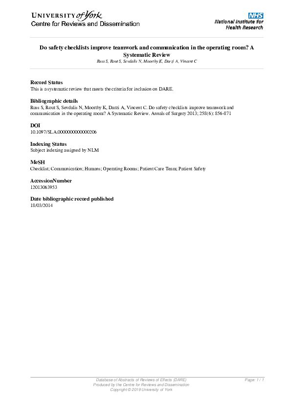 (PDF) Do Safety Checklists Improve Teamwork and Communication in the ...