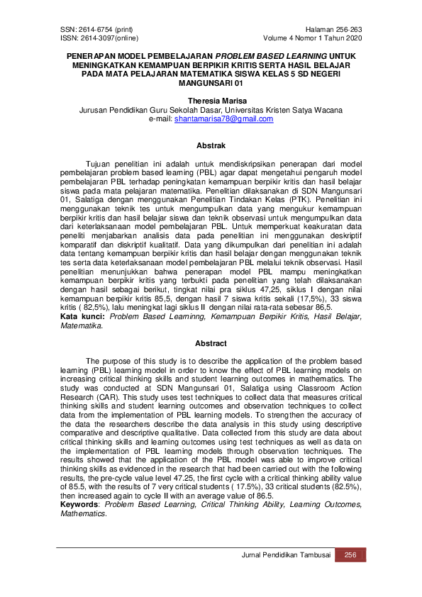 (PDF) Penerapan Model Pembelajaran Problem Based Learning Untuk Meningkatkan Kemampuan Berpikir ...