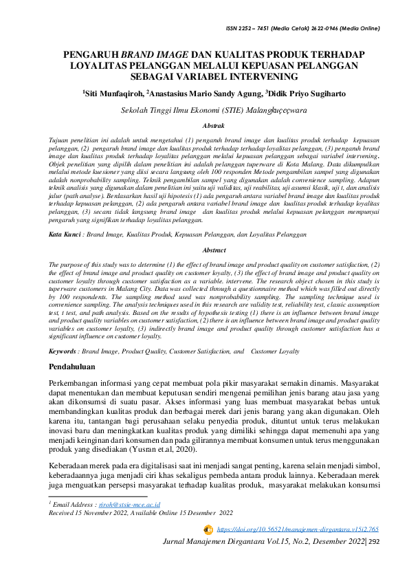 (PDF) Pengaruh Brand Image Dan Kualitas Produk Terhadap Loyalitas Pelanggan Melalui Kepuasan ...