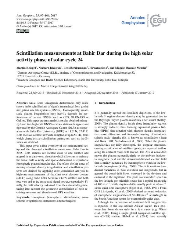 (PDF) Scintillation measurements at Bahir Dar during the high solar ...