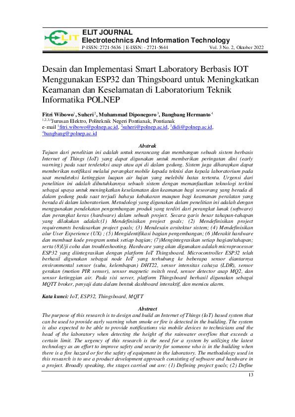 (PDF) Design and Implementation of IoT-Based Smart Laboratory Using ESP32 and Thingsboard to ...