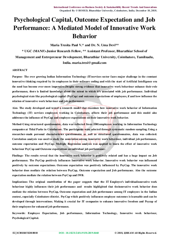 Psychological Capital, Outcome Expectation and Job Performance: A Mediated Model of Innovative ...