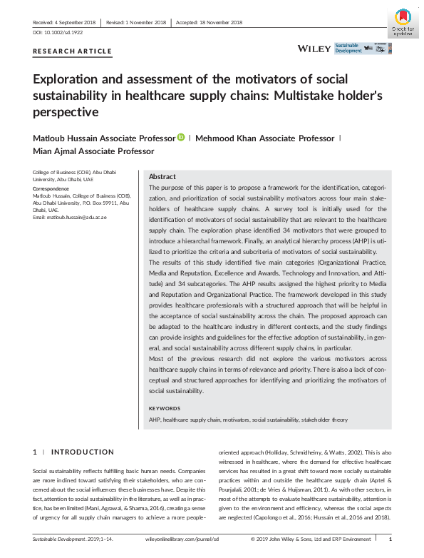(PDF) Exploration and assessment of the motivators of social sustainability in healthcare supply ...