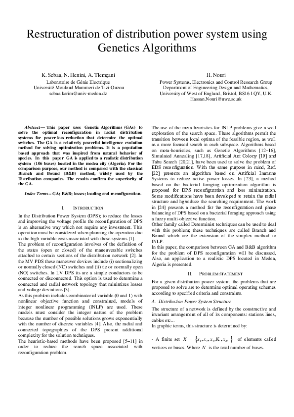 (PDF) Restructuration of distribution power system using Genetics Algorithms