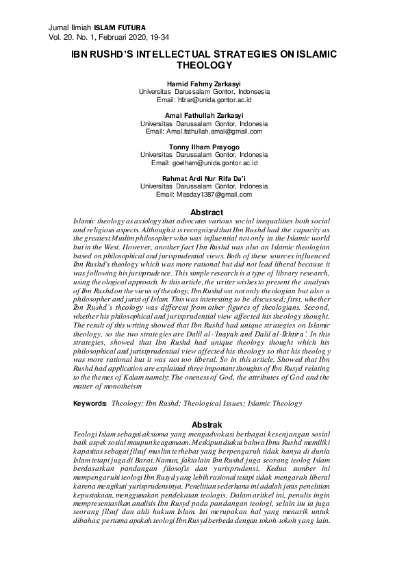 (PDF) Ibn Rushd’s Intellectual Strategies on Islamic Theology