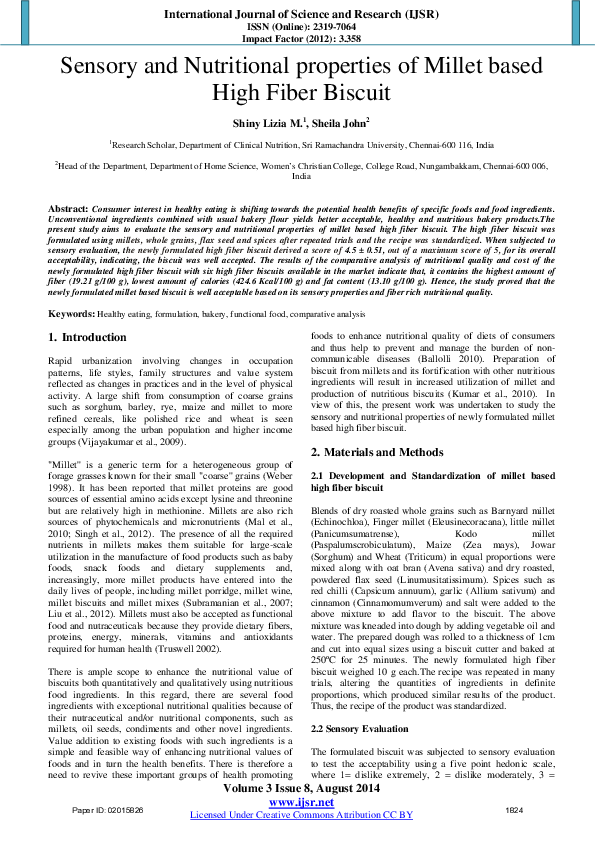(PDF) Sensory and Nutritional properties of Millet based High Fiber Biscuit