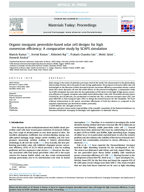 Pdf Organic Inorganic Perovskite Based Solar Cell Designs For High Conversion Efficiency A