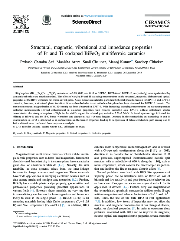 (PDF) Structural, magnetic, vibrational and impedance properties of Pr and Ti codoped BiFeO3 ...