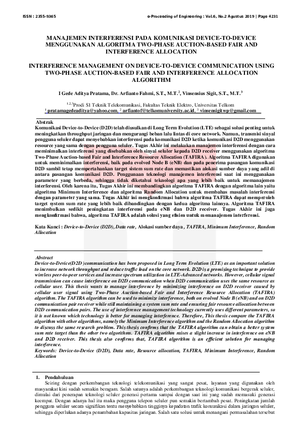 Pdf Manajemen Interferensi Pada Komunikasi Device To Device Menggunakan Algoritma Two Phase
