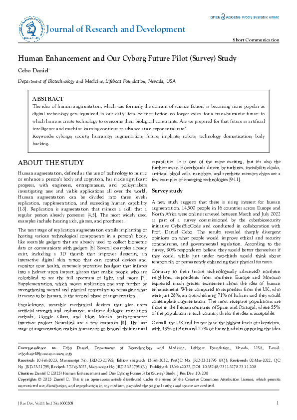(PDF) Human Enhancement and Our Cyborg Future: Pilot (Survey) Study
