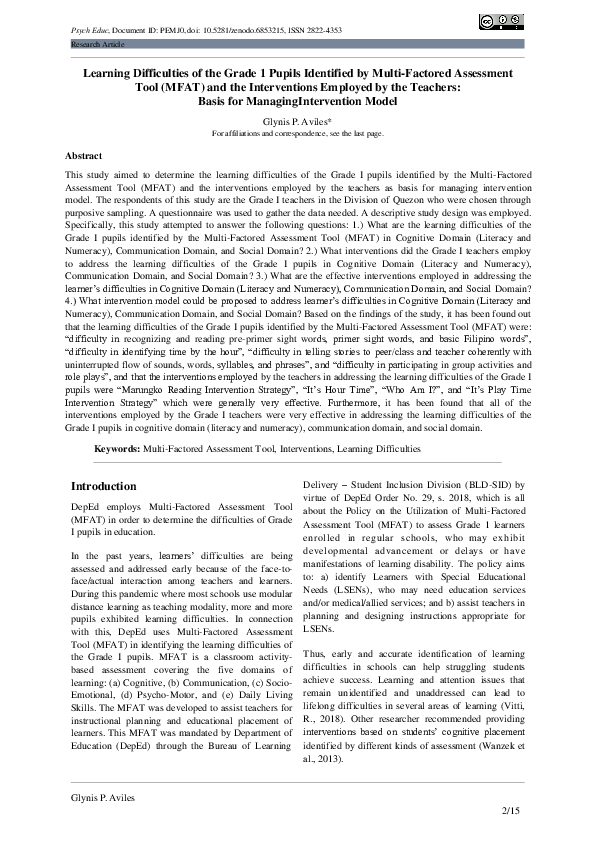 (PDF) Learning Difficulties of the Grade 1 Pupils Identified by Multi-Factored Assessment Tool ...