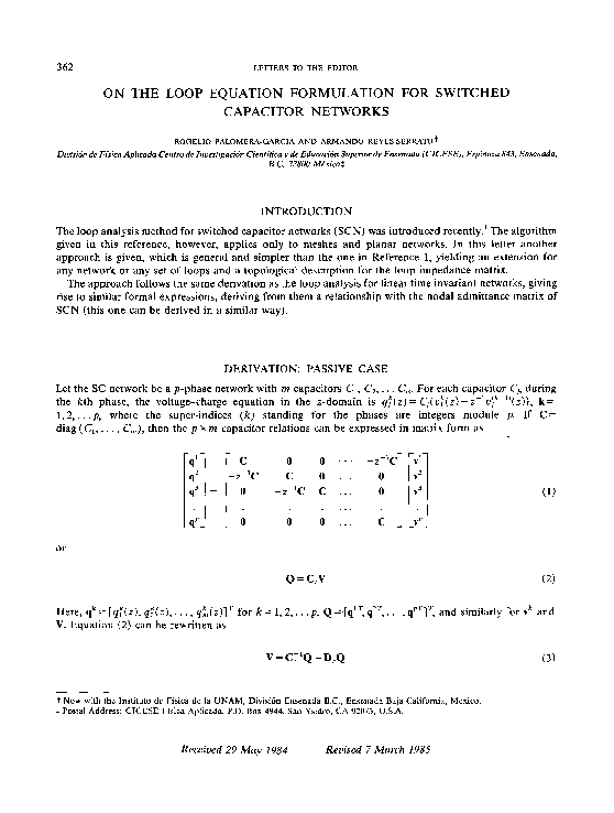 (PDF) On the loop equation formulation for switched capacitor networks
