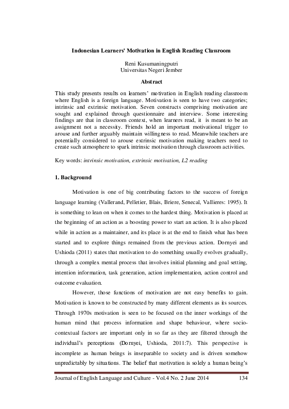 (PDF) Indonesian Learners’ Motivation in English Reading Classroom (PDF) Indonesian Learners’ Motivation in English Reading Classroom