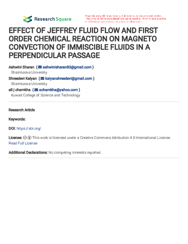 (PDF) Effect of Jeffrey Fluid Flow and First Order Chemical Reaction on Magneto Convection of ...