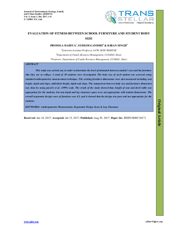 (PDF) Evaluation of Fitness Between School Furniture and Student Body Size