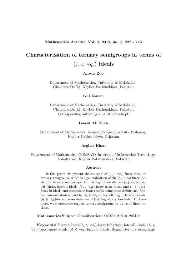 (PDF) Characterization of ternary semigroups in terms of (∈,∈∨ qk) ideals