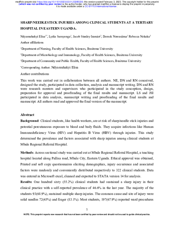 (PDF) Sharp/Needlestick Injuries Among Clinical Students at a Tertiary Hospital in Eastern Uganda