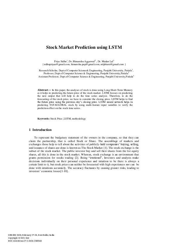 (PDF) Stock Market Prediction Using LSTM