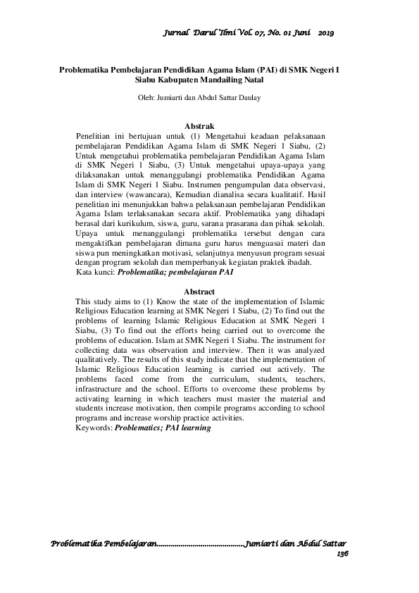 (PDF) Problematika Pembelajaran Pendidikan Agama Islam (PAI) di SMK Negeri I Siabu Kabupaten ...