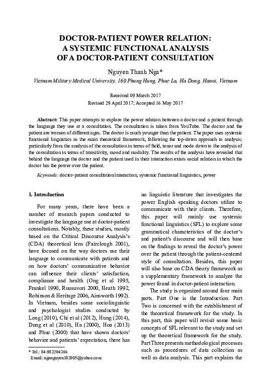 (PDF) Doctor-Patient Power Relation: A Systemic Functional Analysis of ...