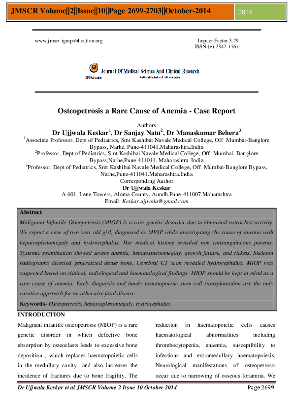 (PDF) Osteopetrosis a Rare Cause of Anemia - Case Report