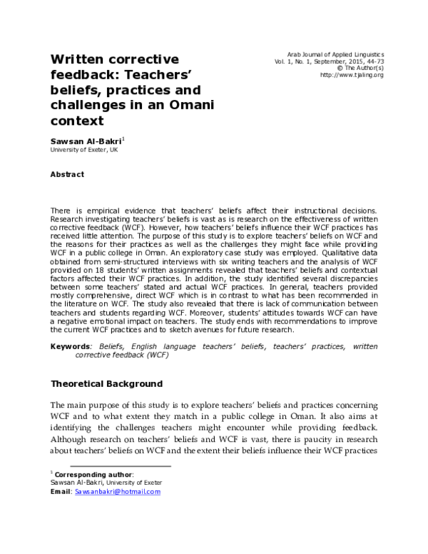 (PDF) Written corrective feedback: Teachers’ beliefs, practices and challenges in an Omani context