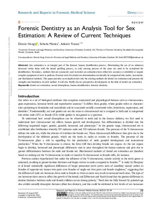Pdf Forensic Dentistry As An Analysis Tool For Sex Estimation A