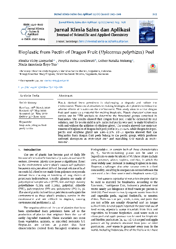 (PDF) Bioplastic from Pectin of Dragon Fruit (Hylocereus polyrhizus) Peel