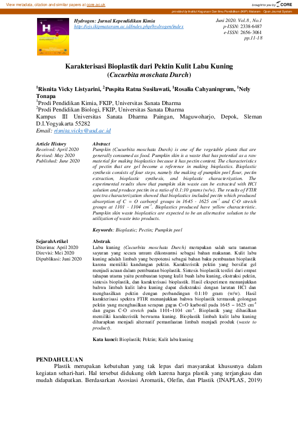 Pdf Karakterisasi Bioplastik Dari Pektin Kulit Labu Kuning Cucurbita