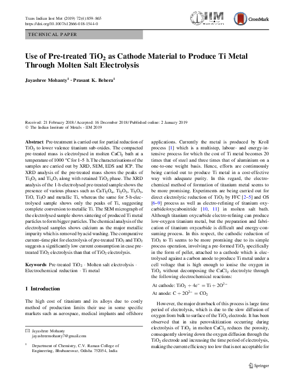 (PDF) Use of Pre-treated TiO2 as Cathode Material to Produce Ti Metal ...