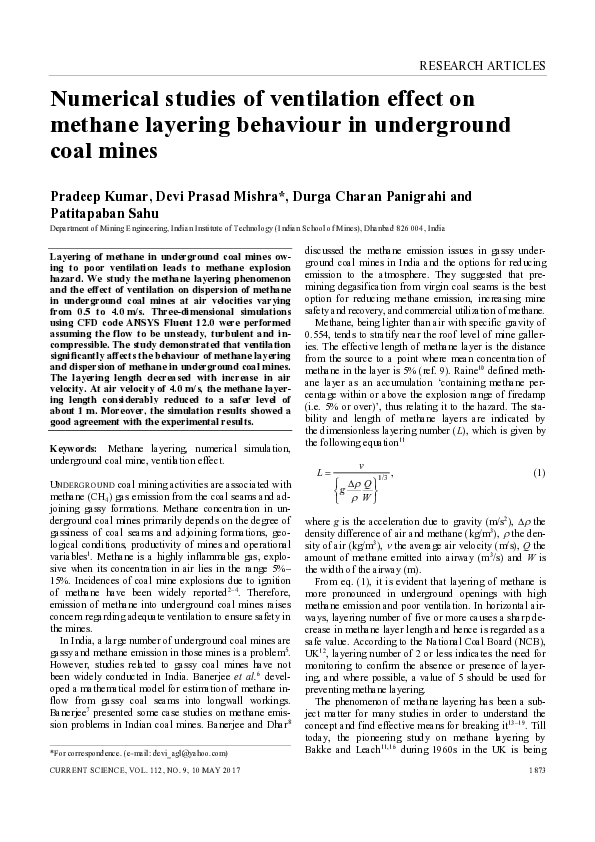 (PDF) Numerical Studies of Ventilation Effect on Methane Layering ...
