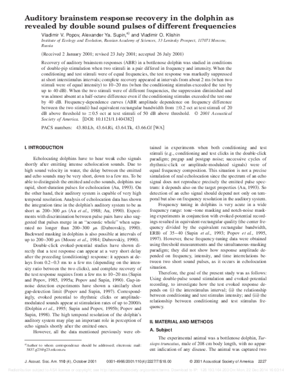 (PDF) Auditory brainstem response recovery in the dolphin as revealed by double sound pulses of ...