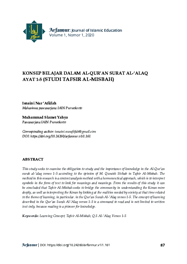 (PDF) Konsep Belajar Dalam Al-Qur’an Surat Al-‘Alaq Ayat 1-5 (Studi Tafsir Al-Misbah)