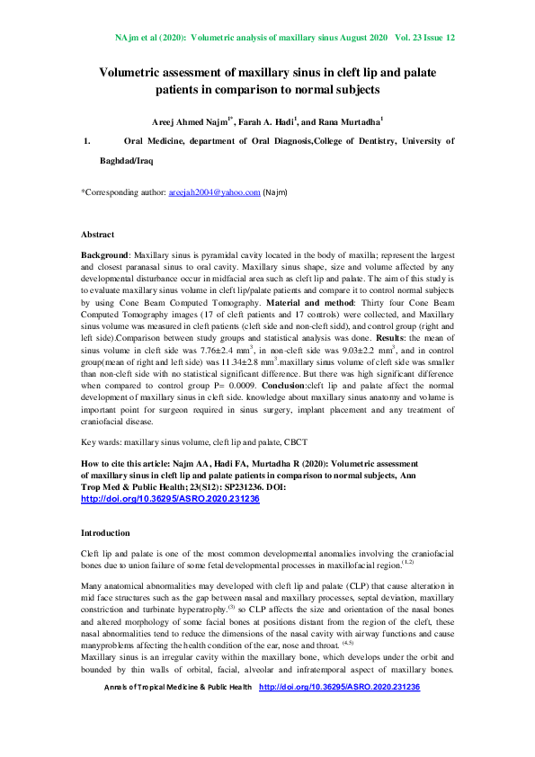 (PDF) Volumetric assessment of maxillary sinus in cleft lip and palate patients in comparison to ...