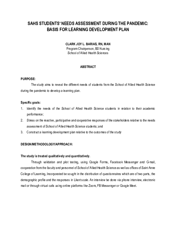 (PDF) SAHS STUDENTS' NEEDS ASSESSMENT DURING THE PANDEMIC: BASIS FOR LEARNING DEVELOPMENT PLAN
