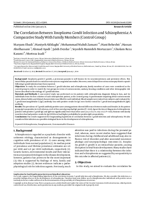 (PDF) The Correlation Between Toxoplama Gondii Infection and Schizophrenia: A Comparative Study ...